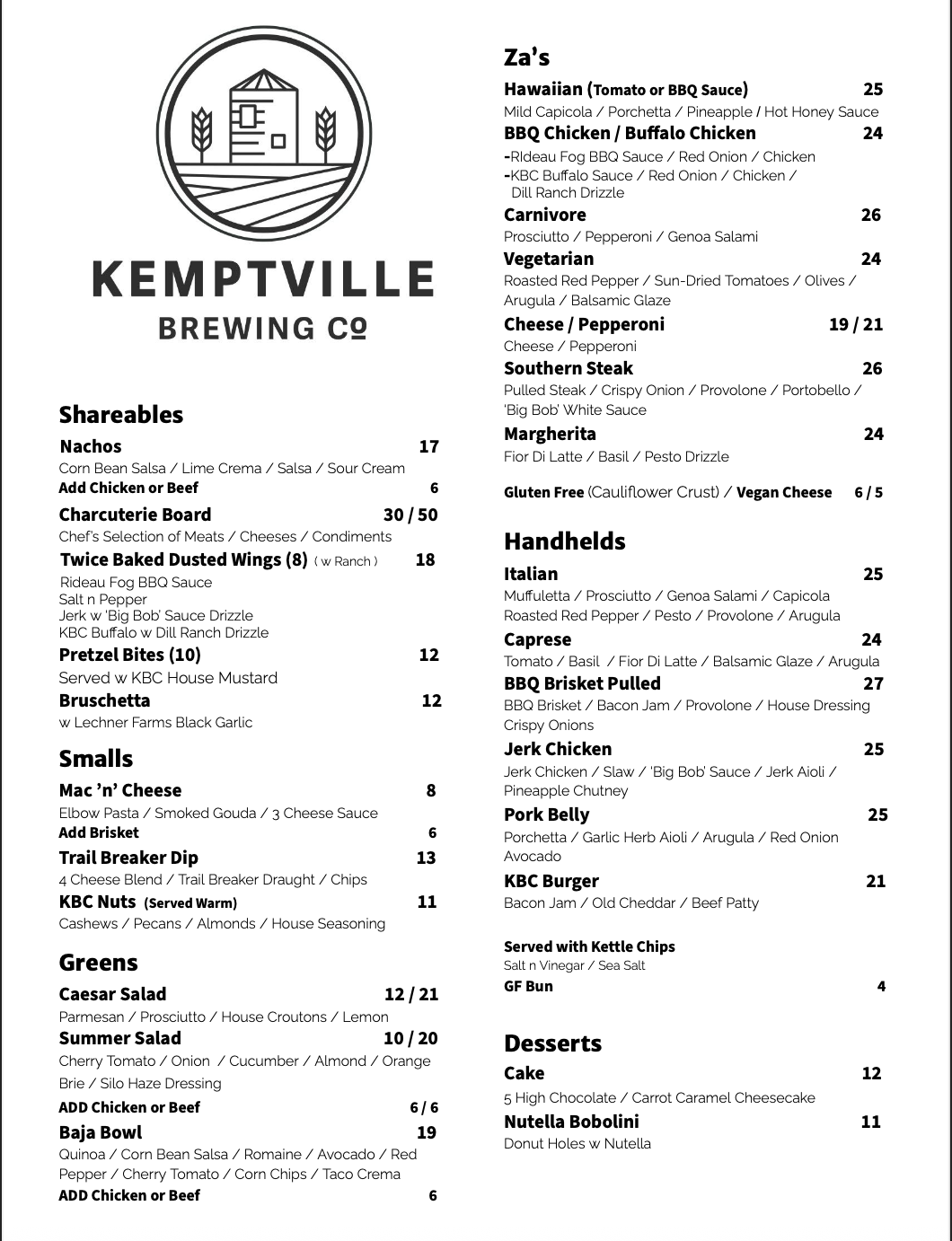 MENU | Kemptville Brewing Company